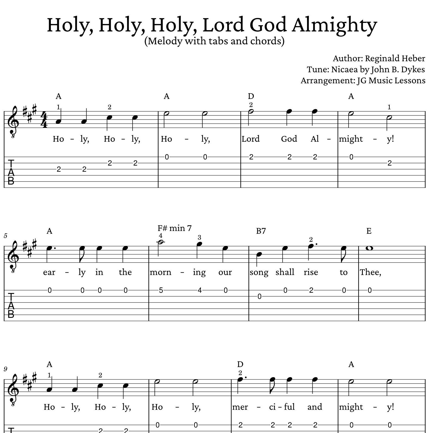 Holy Holy Holy Guitar Sheet Music With Tabs - Chord Charts, Melody and ...
