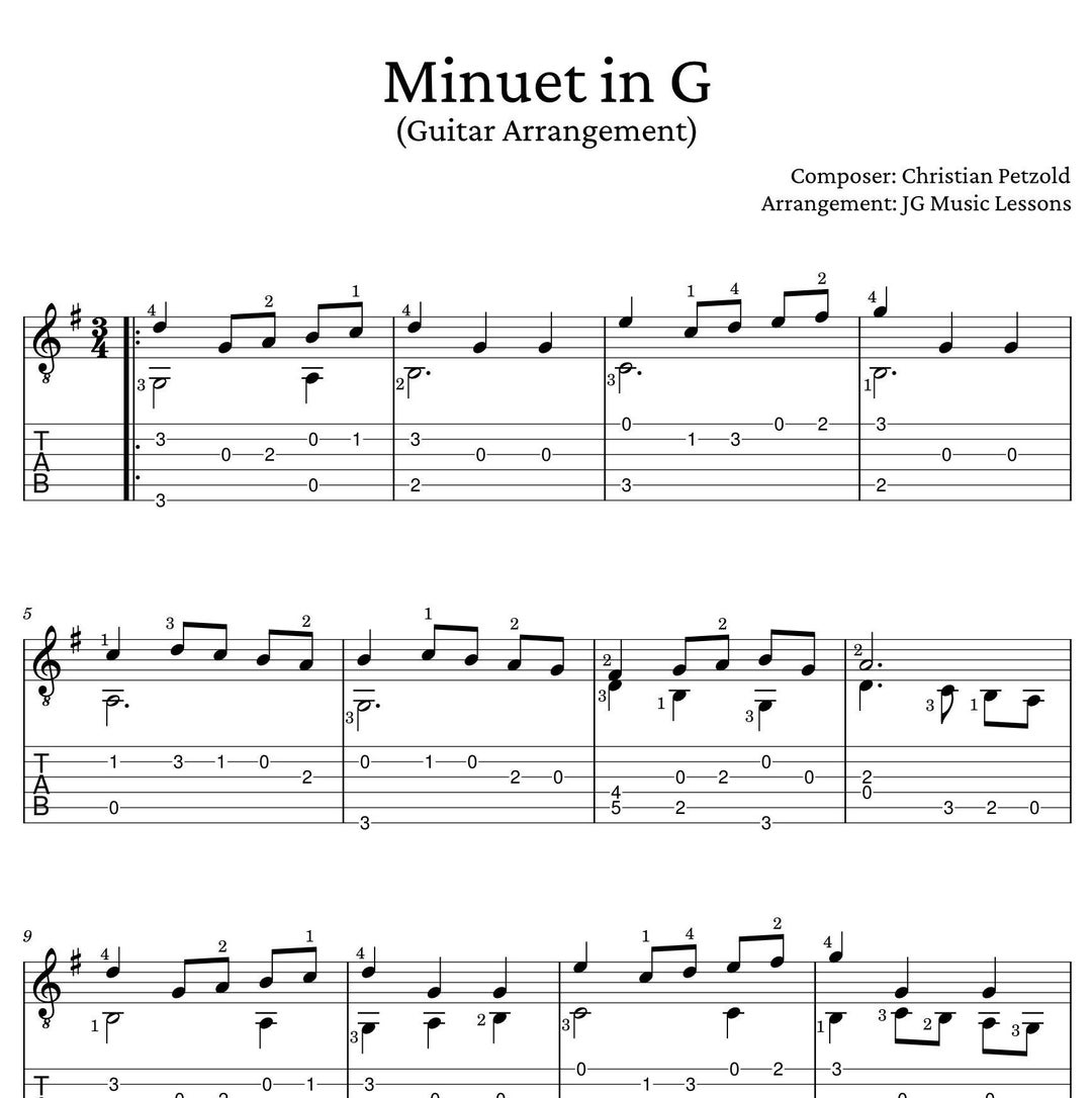 Minuet in G Guitar Sheet Music With Tabs, Chord Charts, Melody, and ...