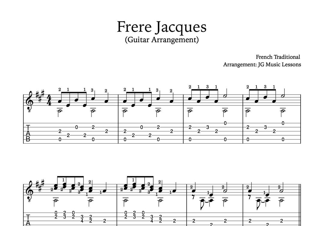 Frere Jacques (brother John) Guitar Sheet Music With Tabs, Chords, and ...