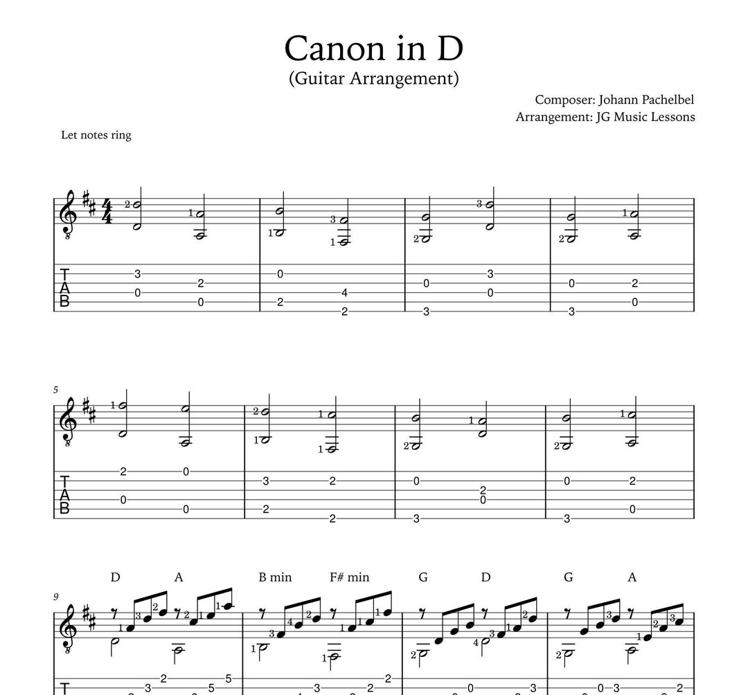 Canon in D guitar sheet music with tabs chords, melody, and arrangement ...