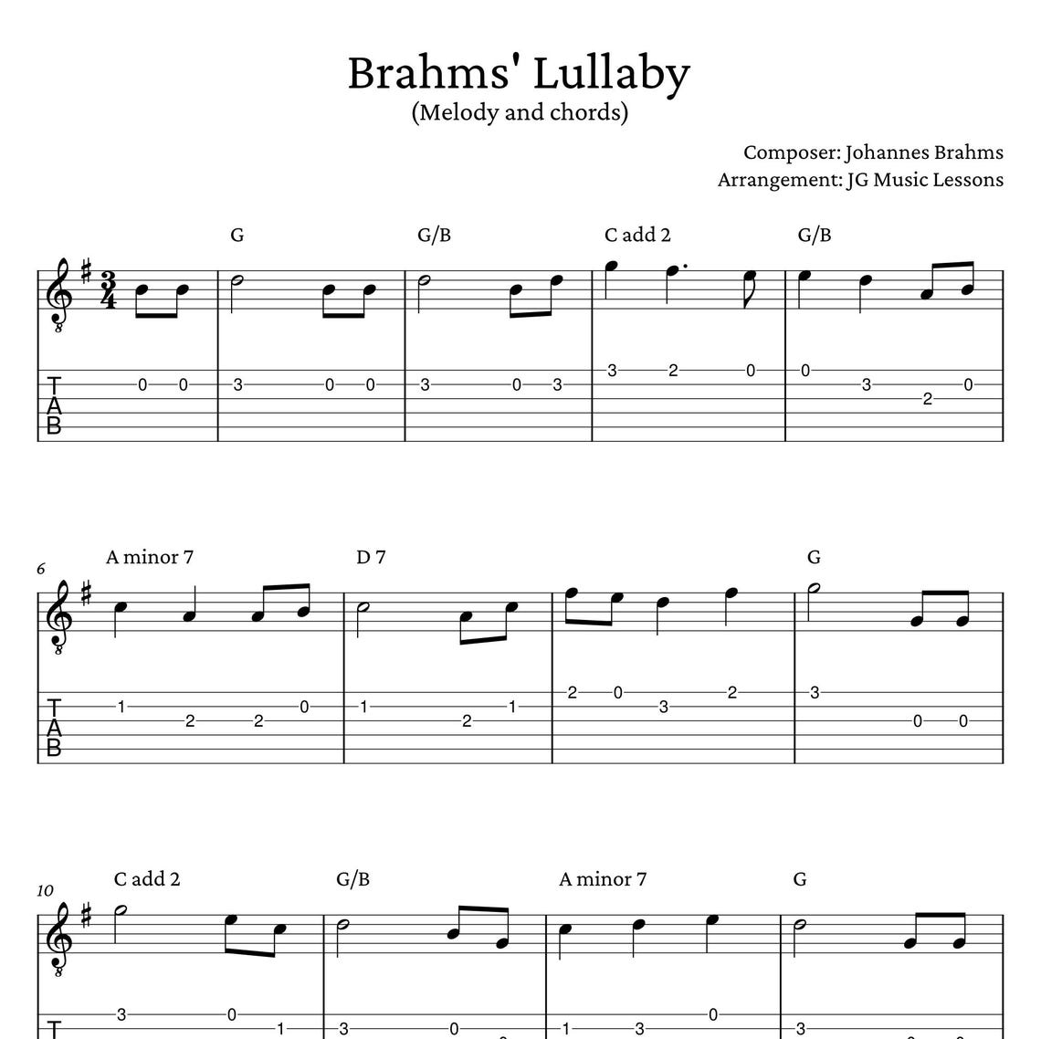 Brahms Lullaby - Guitar Tabs and Chord Charts - Etsy