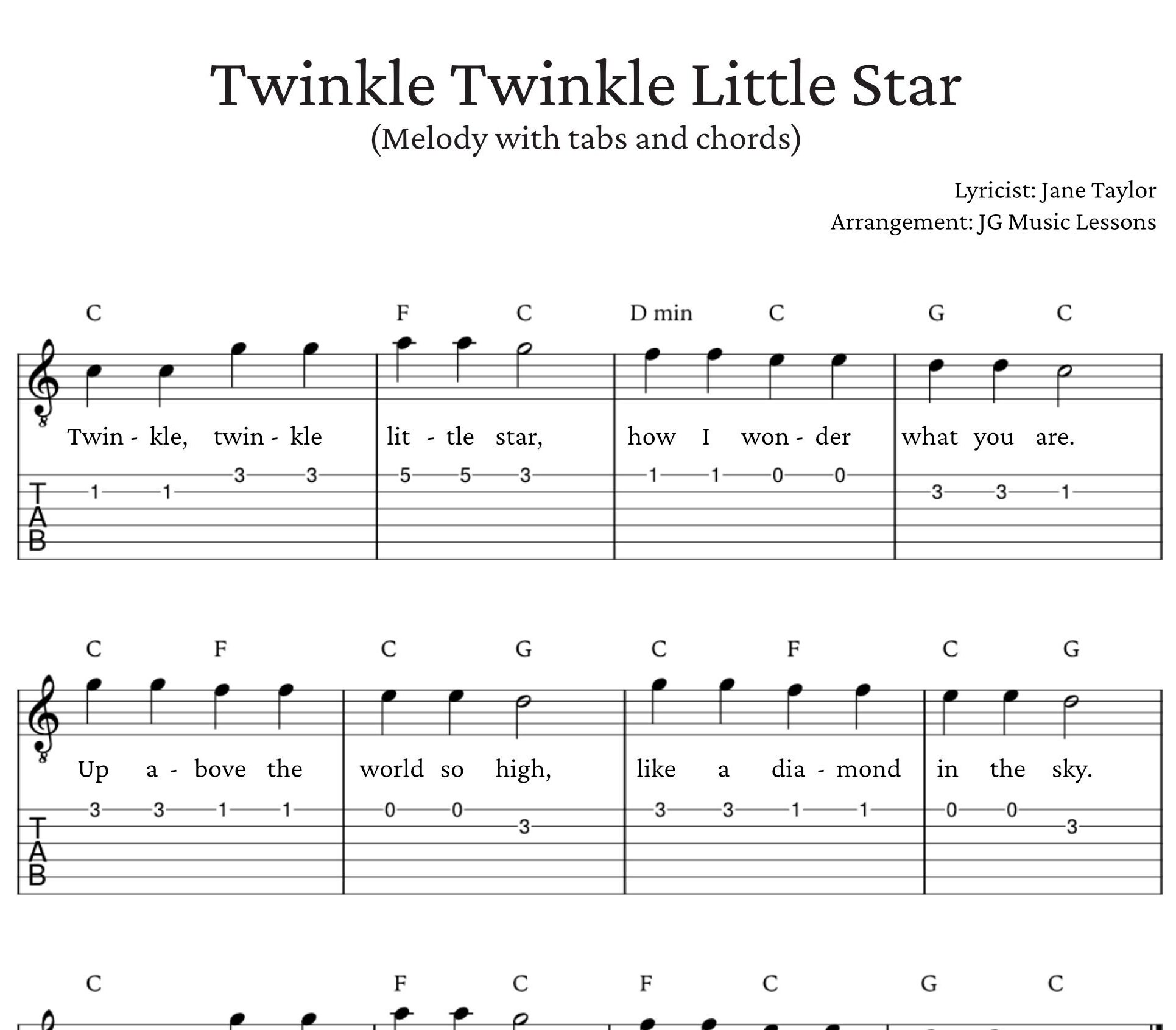 Twinkle Twinkle Little Star Guitar Sheet Music With Tabs Chords, Melody ...