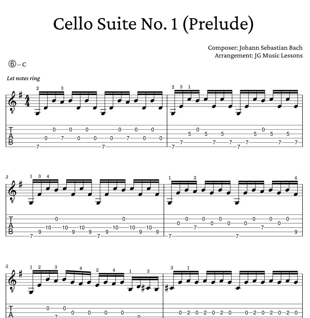 Cello Suite No. 1 (prelude) by Bach - Guitar Tabs Sheet Music - Etsy