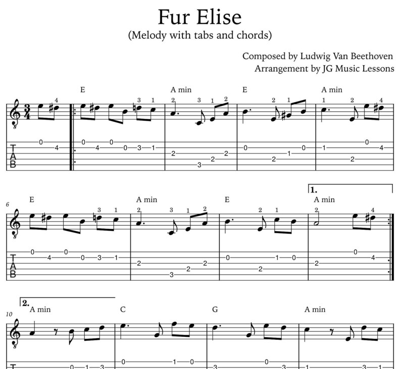 Fur Elise Guitar Sheet Music With Tabs Chord Charts Melody - Etsy