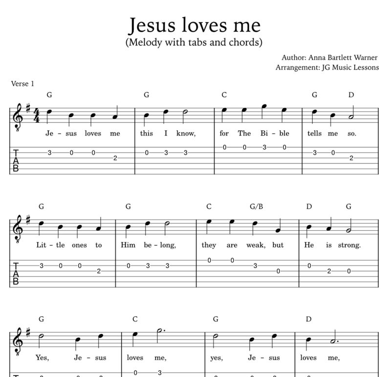 Jesus Loves Me Guitar Tabs, Chords & Melody (printable PDF) - Etsy