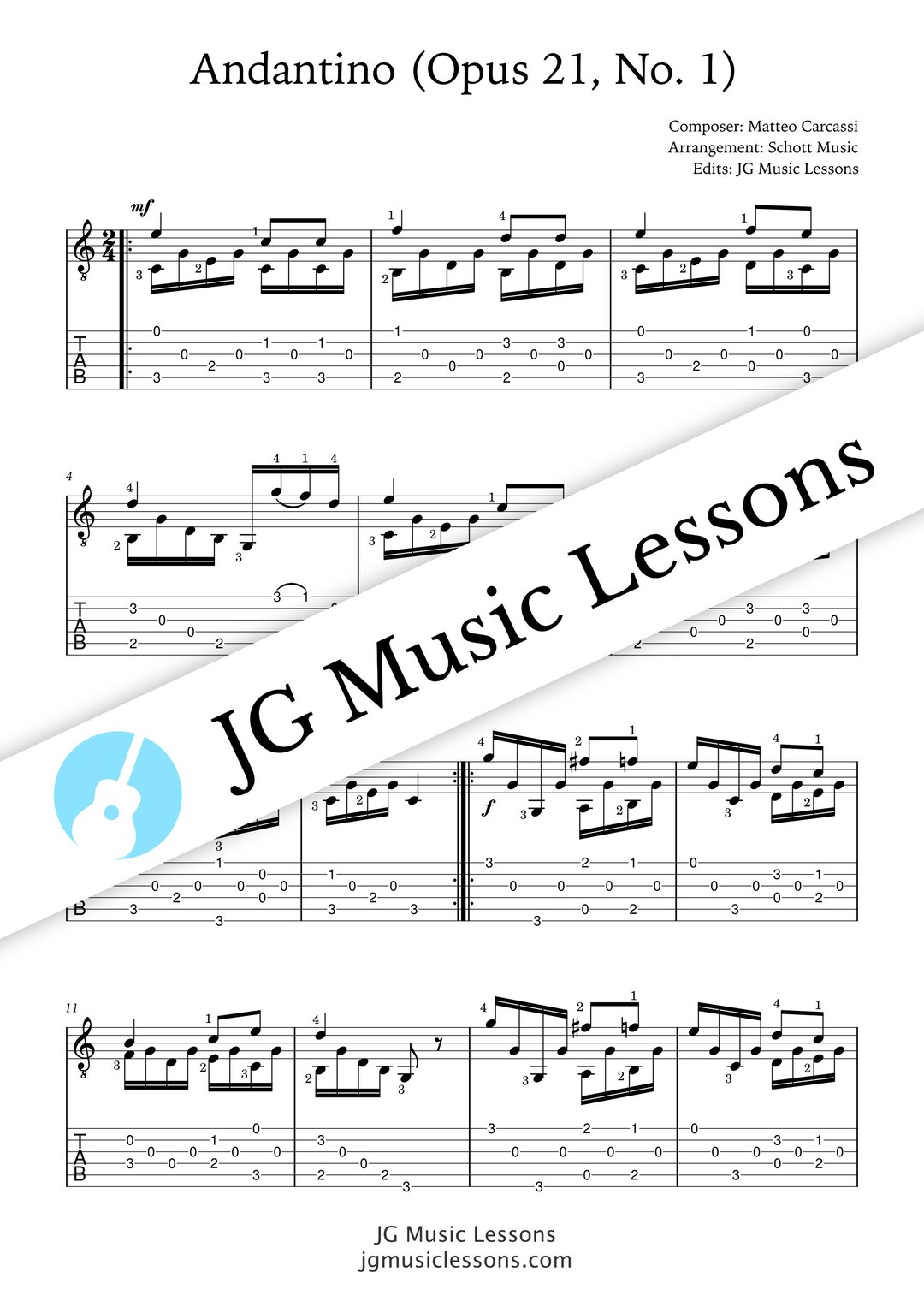 Andantino (opus 21, No. 1) - Carcassi Guitar Sheet Music With Tabs - Etsy