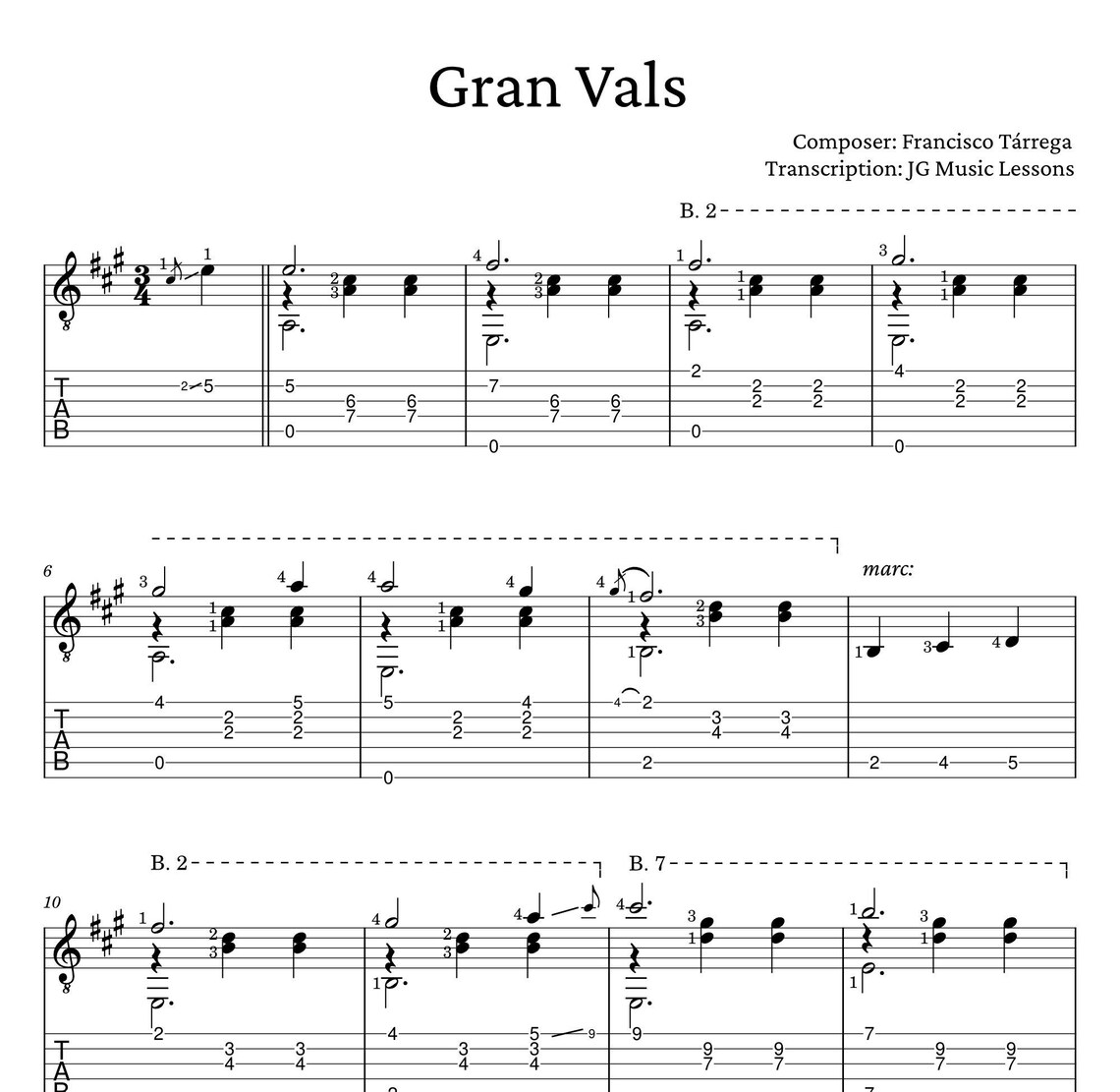 Gran Vals by Tárrega - Guitar Tabs Sheet Music - Etsy