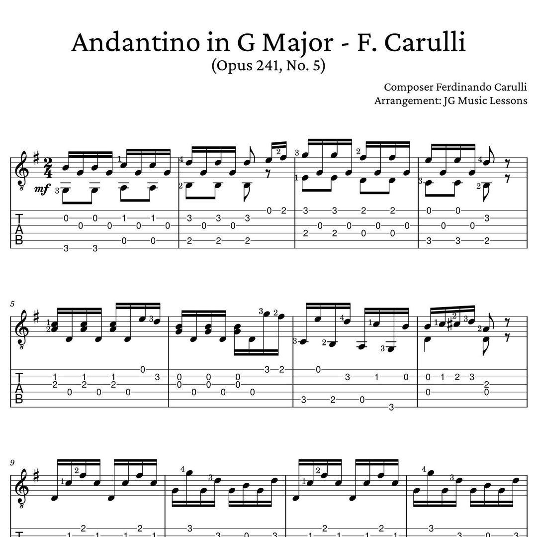 Andantino in G Major by Carulli Sheet Music With Guitar Tabs - Etsy