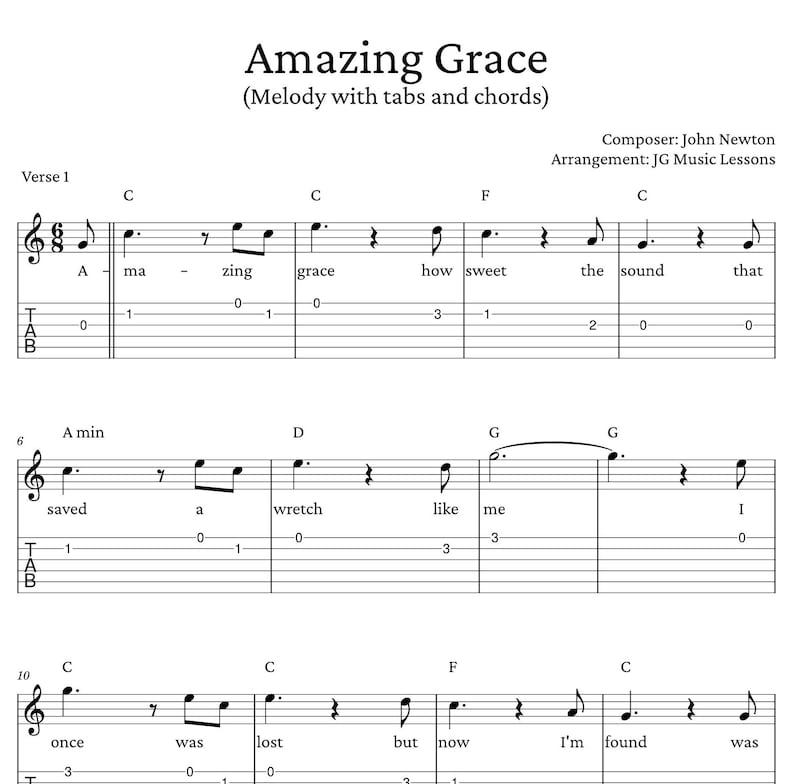 Amazing Grace Guitar Sheet Music - Tabs and Chord Charts - Etsy