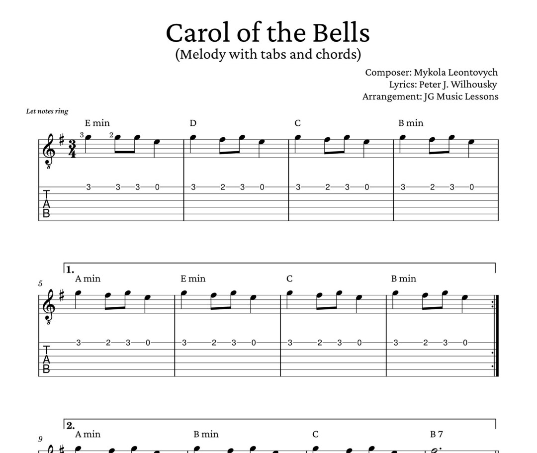 Carol of the Bells Sheet Music With Guitar Tabs Chords, Melody, and ...