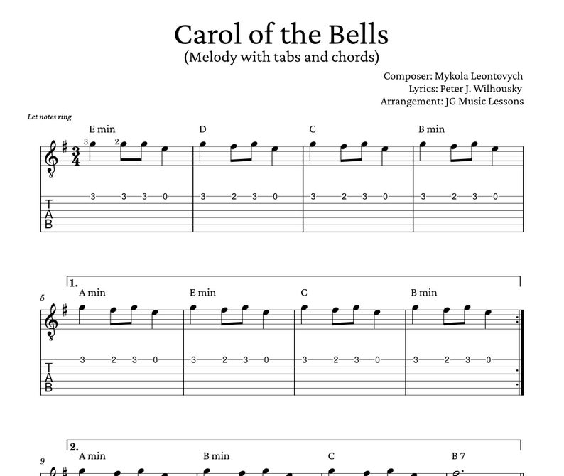 Carol of the Bells Sheet Music With Guitar Tabs Chords, Melody, and ...