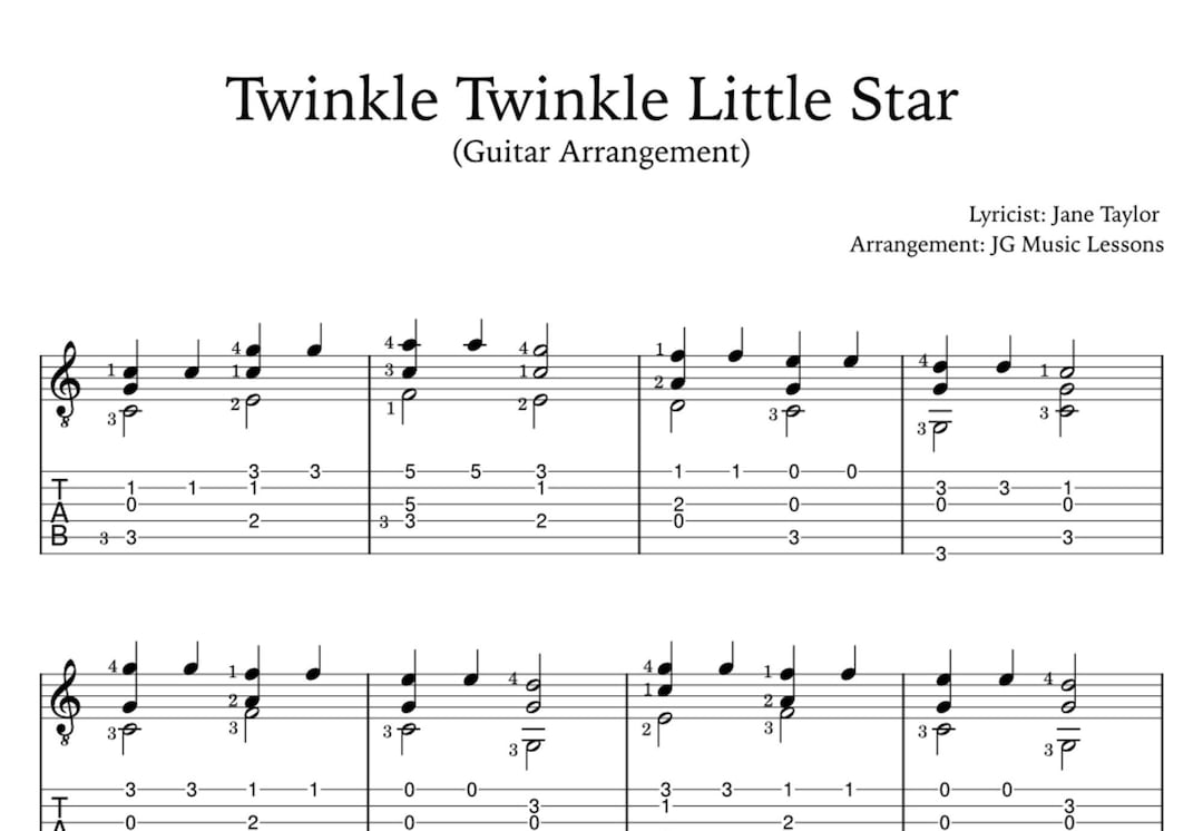 Twinkle Twinkle Little Star Guitar Sheet Music With Tabs Chords, Melody ...