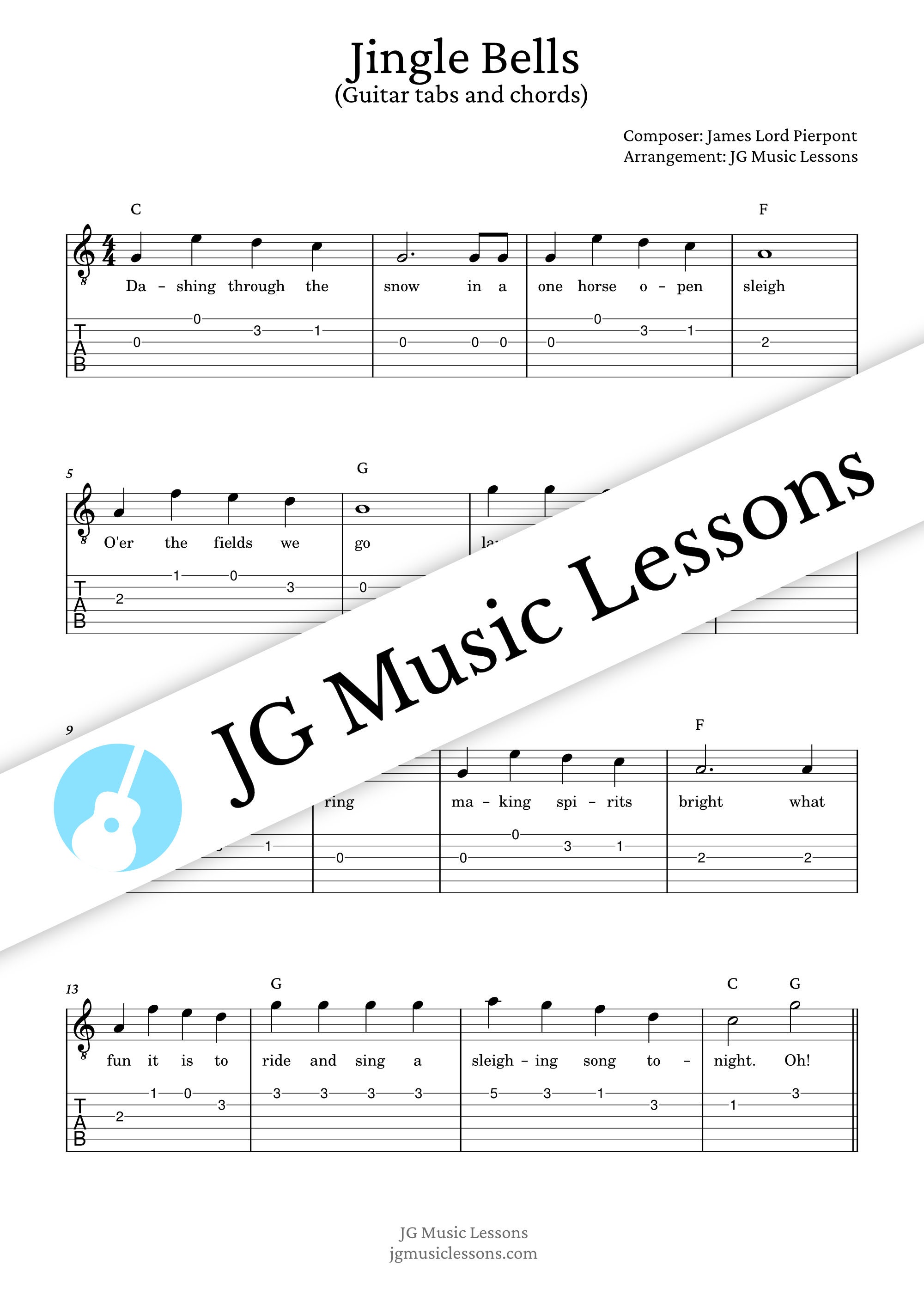 Jingle Bells Guitar Sheet Music With Tabs Chords, Melody, and Arrangement (Instant Download) - Etsy
