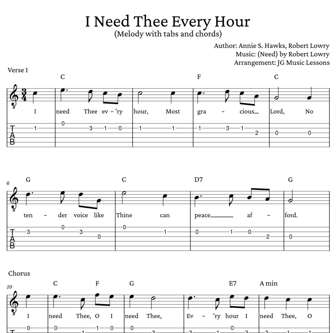 I Need Thee Every Hour Guitar Sheet Music - Fingerstyle Tabs Included ...