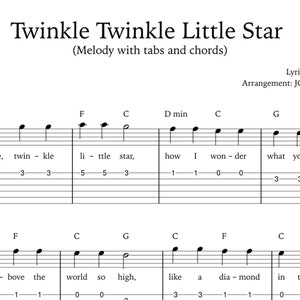 Twinkle Twinkle Little Star Guitar Sheet Music With Tabs Chords, Melody ...