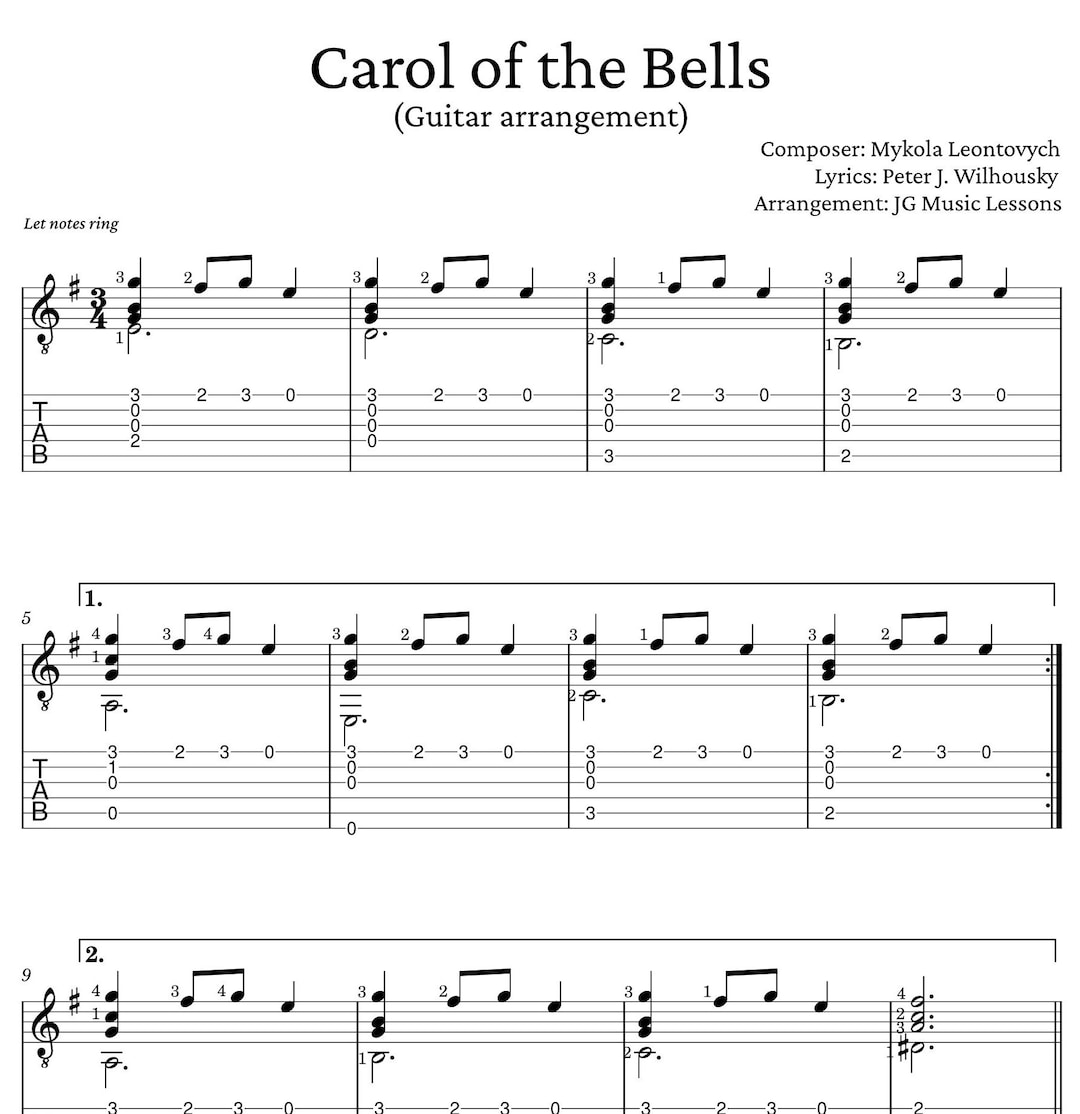 Carol of the Bells Sheet Music With Guitar Tabs Chords, Melody, and ...