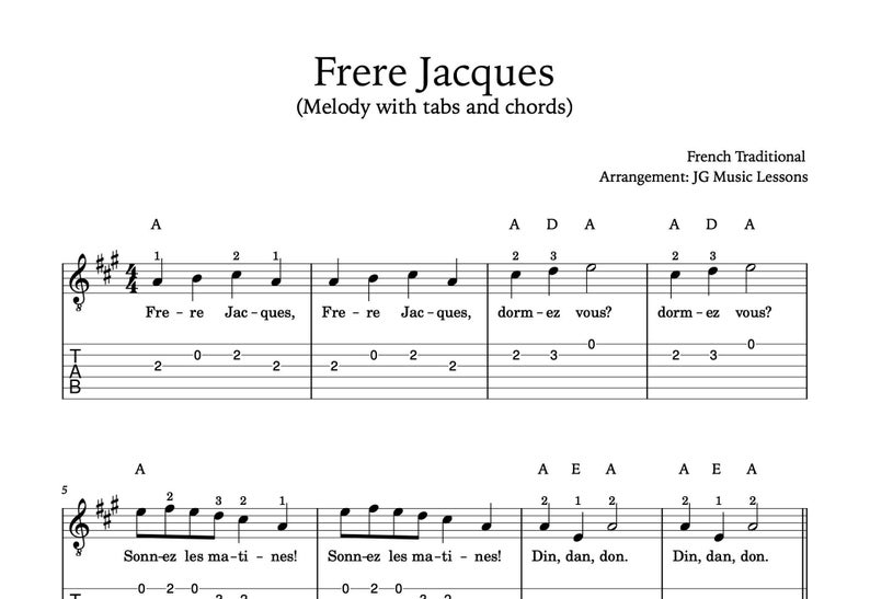 Frere Jacques Guitar Tabs and Sheet Music (fingerpicking, Easy ...