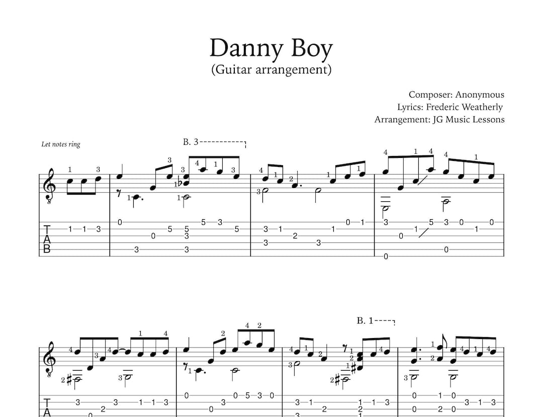 Danny Boy Guitar Sheet Music With Tabs Chords, Melody, and Arrangement ...