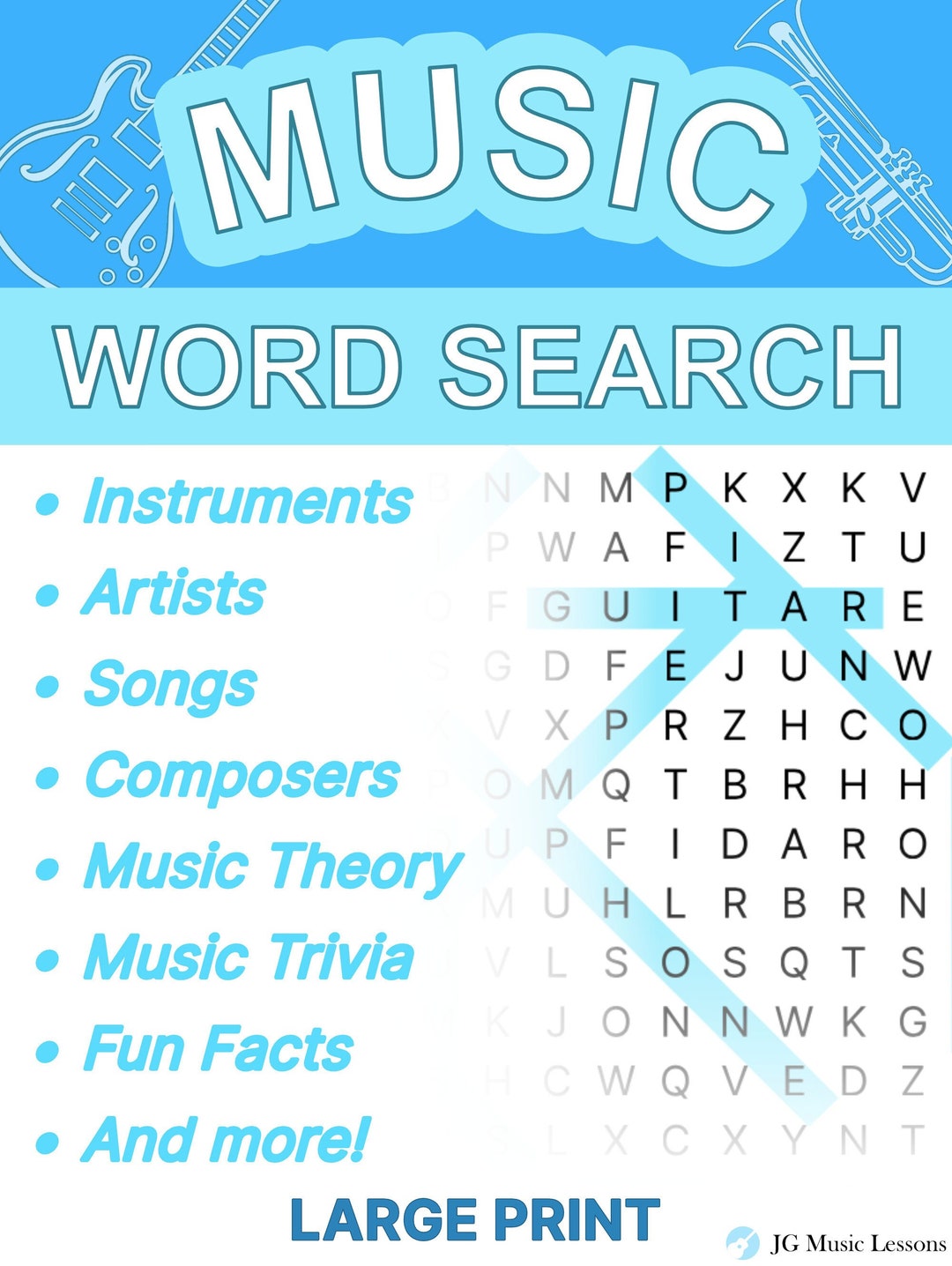 Music Word Search: Instruments Artists Songs Composers - Etsy