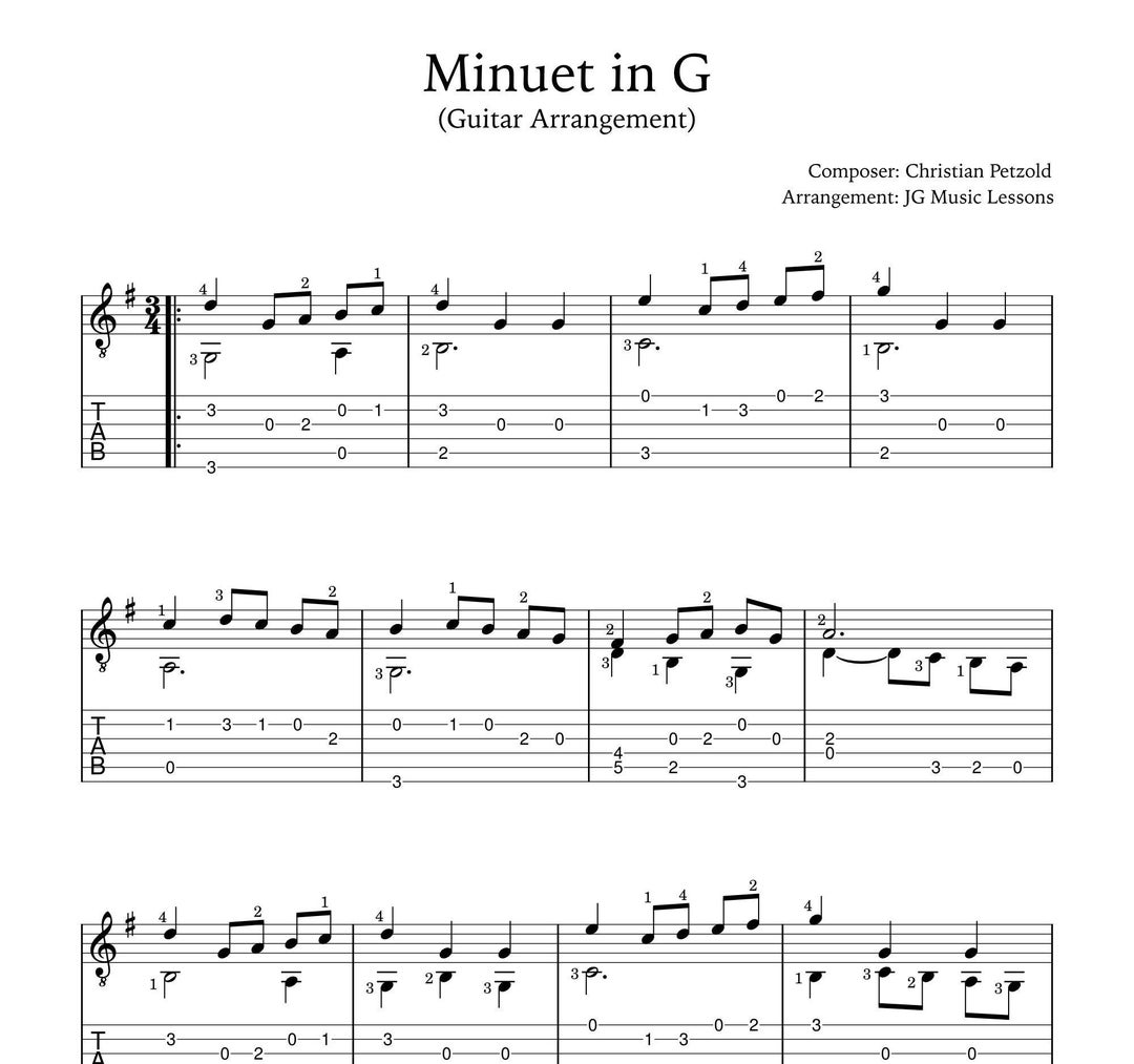 Minuet in G Guitar Sheet Music With Tabs, Chord Charts, Melody, and ...