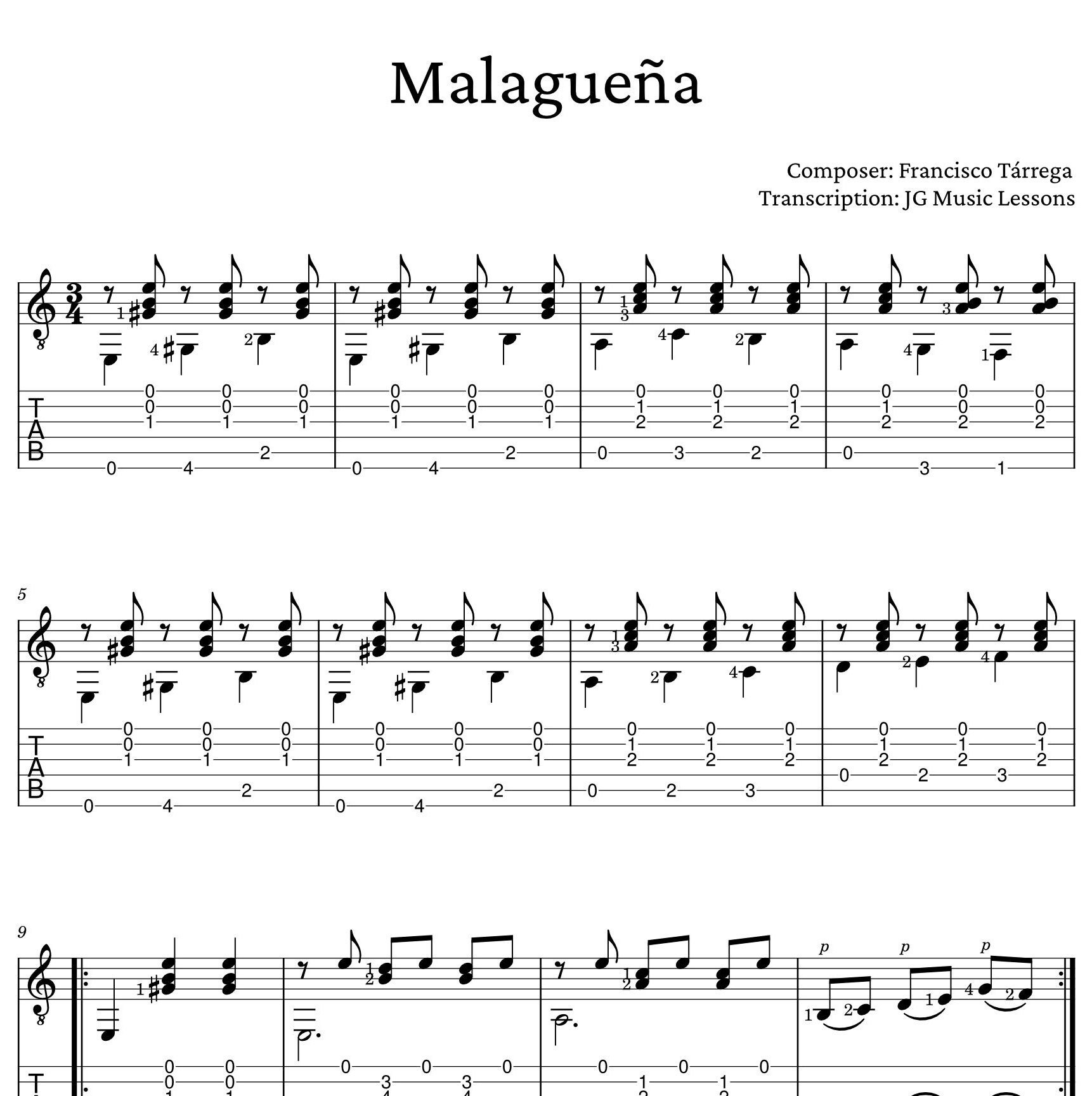 Malagueña by Tárrega Guitar Tabs Sheet Music - Etsy