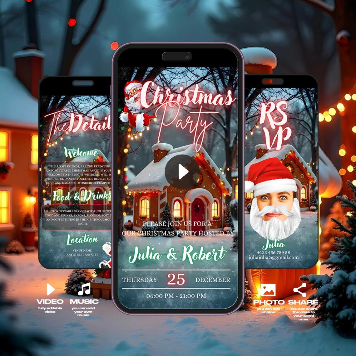 Digital Christmas Party Invitation Template, Editable Christmas Video ...