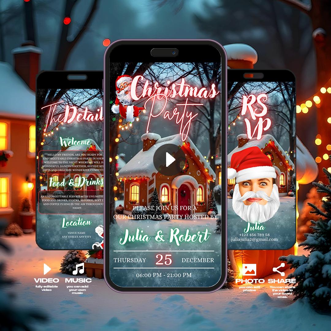Digital Christmas Party Invitation Template, Editable Christmas Video ...