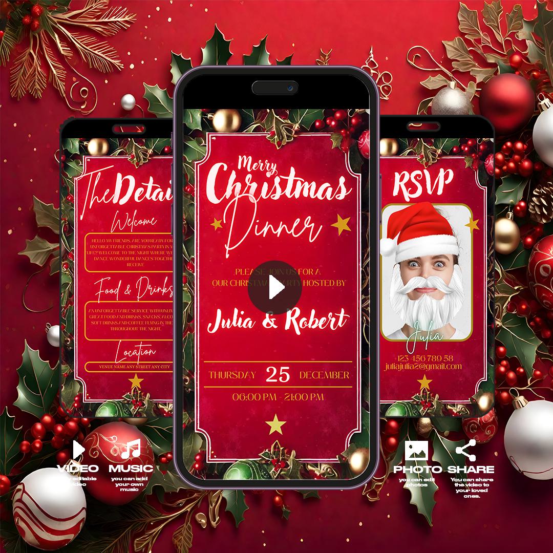 Digital Christmas Dinner Invitation Template,editable Christmas Video ...