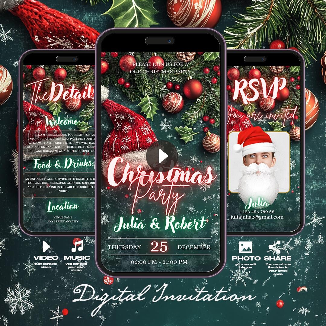 Digital Christmas Party Invitation Template,editable Christmas Video ...