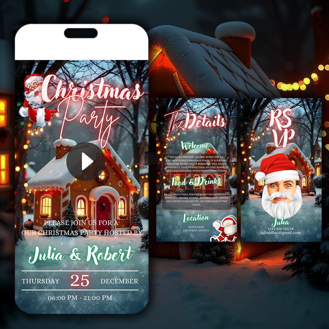 Digital Christmas Party Invitation Template, Editable Christmas Video ...