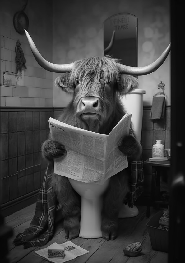 Highland Cow Sitting on the Toilet Reading a Newspaper, Funny Bathroom ...