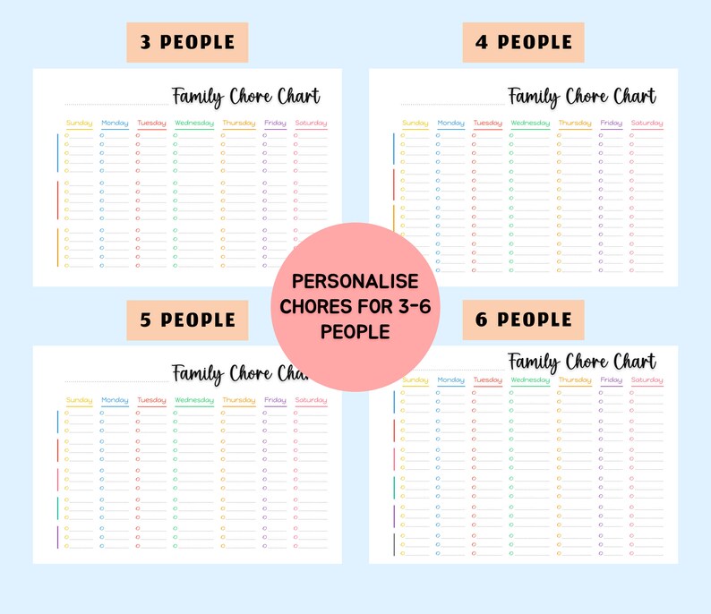 Family Chore Chart PDF 6 People Print Template, Cleaning Checklist ...