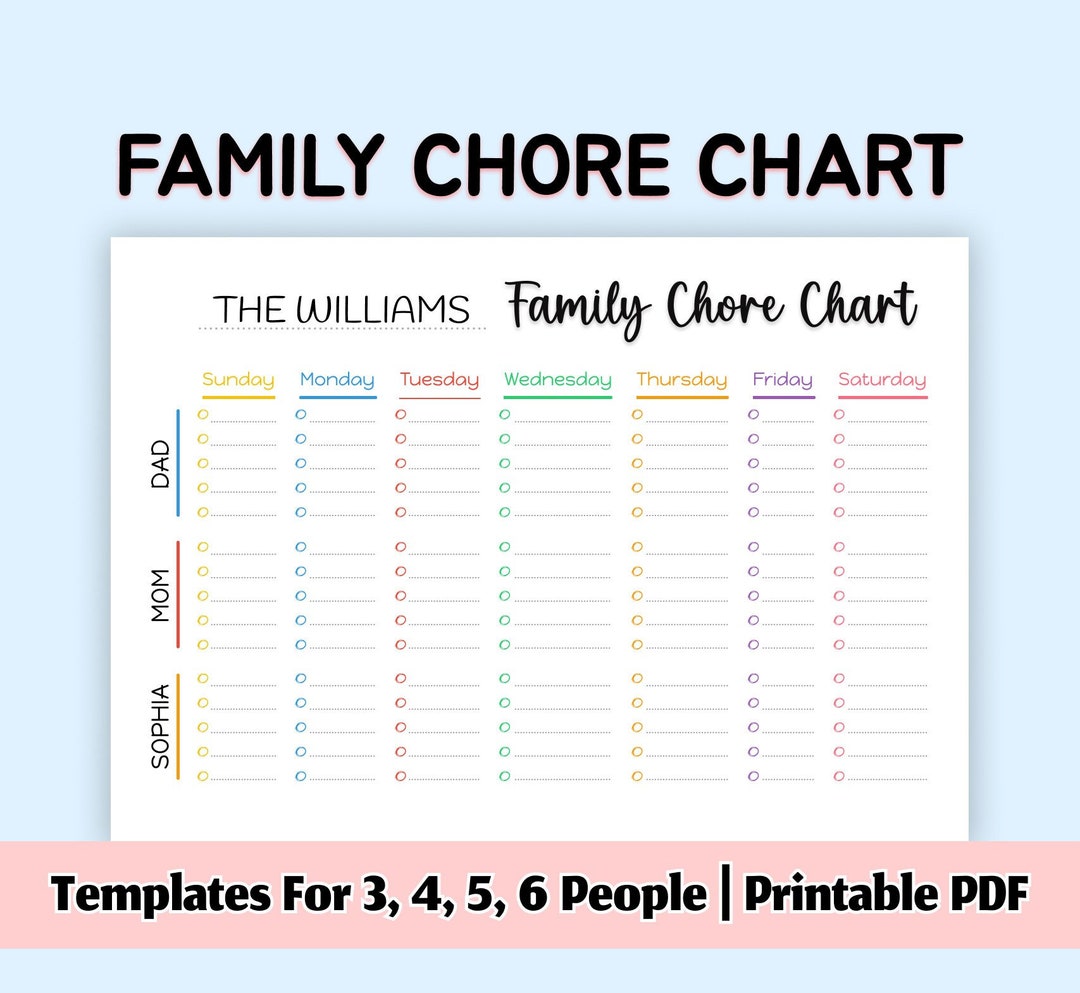 Family Chore Chart PDF 6 People Print Template, Cleaning Checklist ...