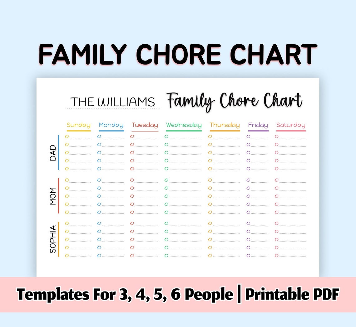 Family Chore Chart PDF 6 People Print Template, Cleaning Checklist ...