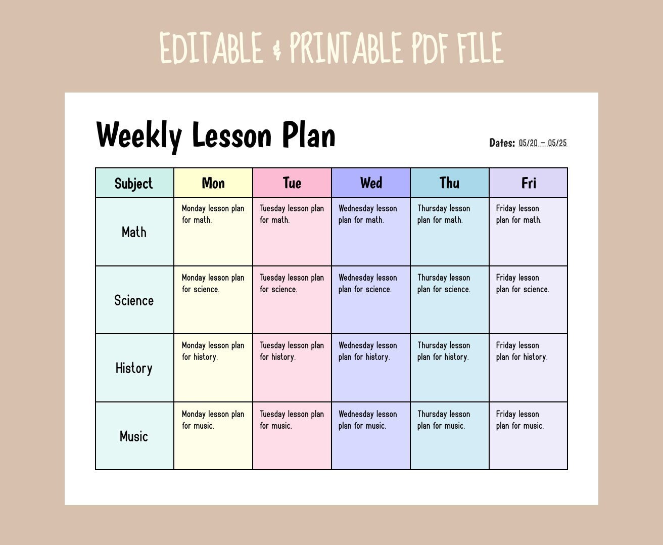 Weekly Lesson Plan PDF Template Lesson Planner Printable Editable ...