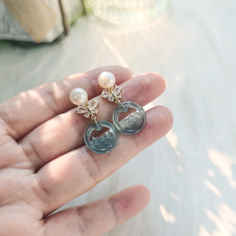 Handcrafted 925 Silver Lotus Flower Earrings: Jade, Pearl & Diamond - Etsy