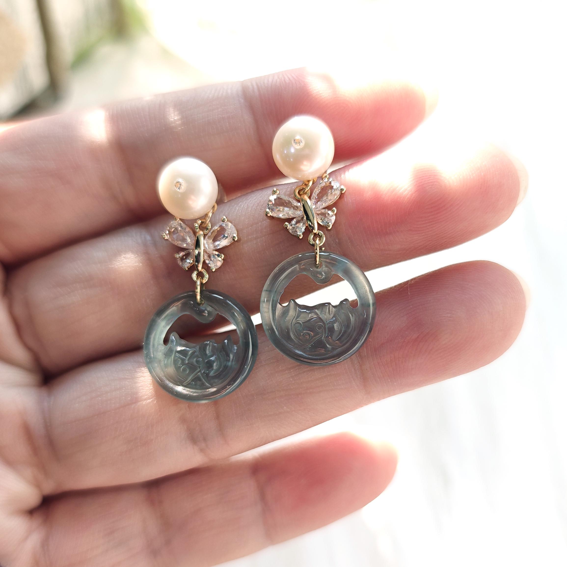 Handcrafted 925 Silver Lotus Flower Earrings: Jade, Pearl & Diamond - Etsy