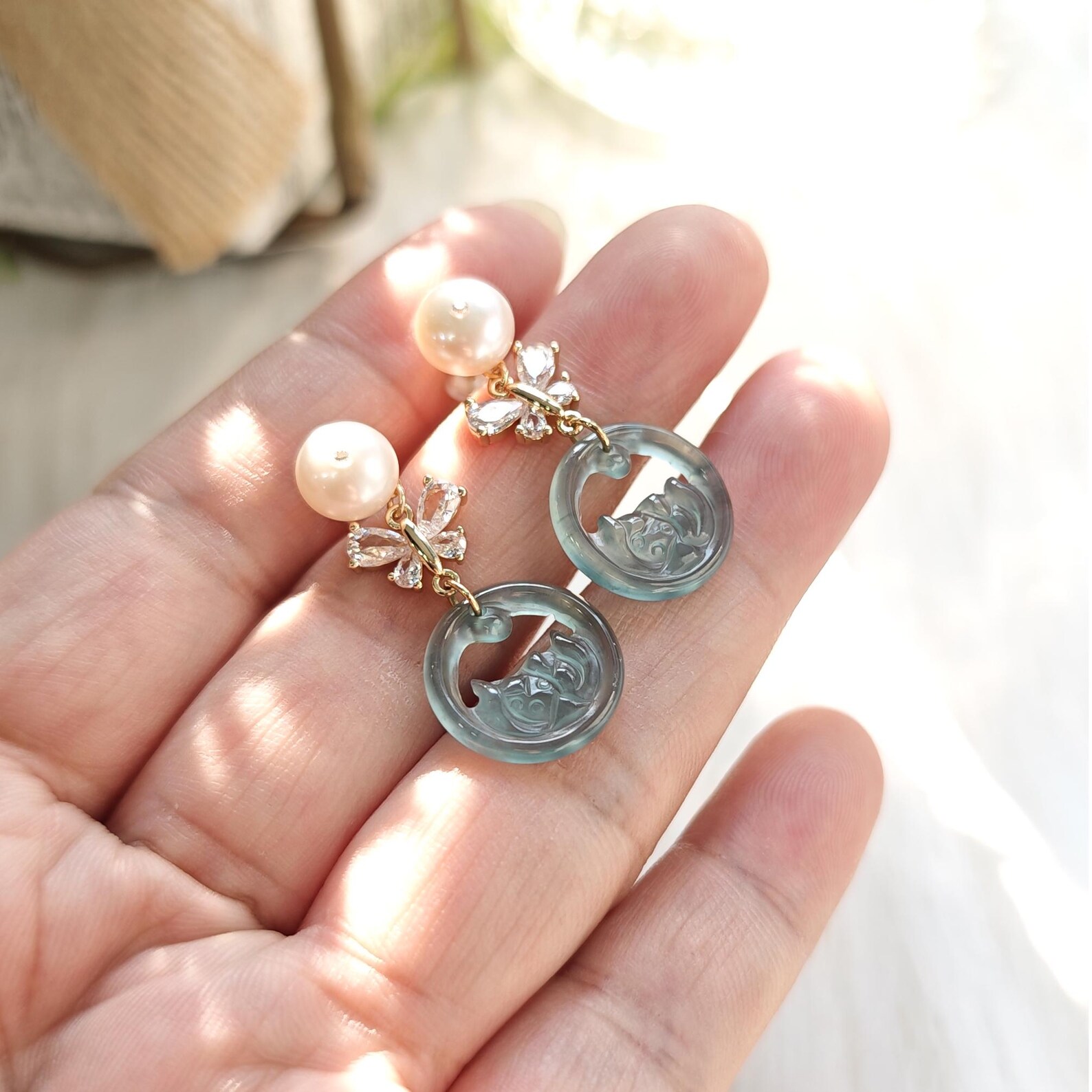 Handcrafted 925 Silver Lotus Flower Earrings: Jade, Pearl & Diamond - Etsy