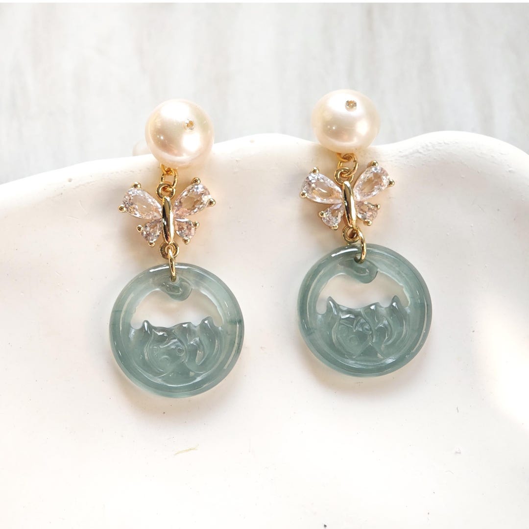 Handcrafted 925 Silver Lotus Flower Earrings: Jade, Pearl & Diamond - Etsy