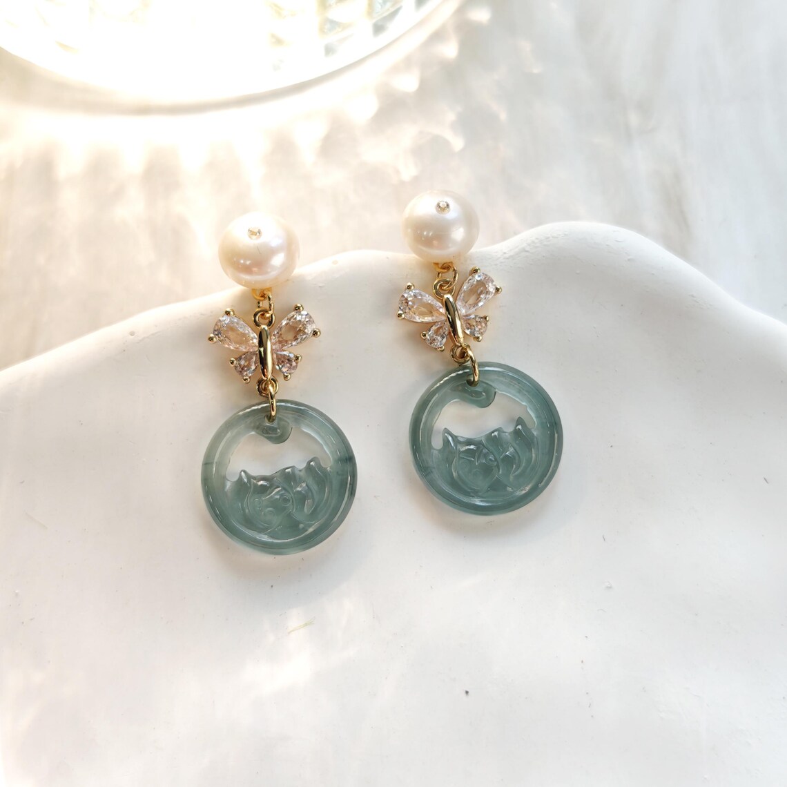 Handcrafted 925 Silver Lotus Flower Earrings: Jade, Pearl & Diamond - Etsy
