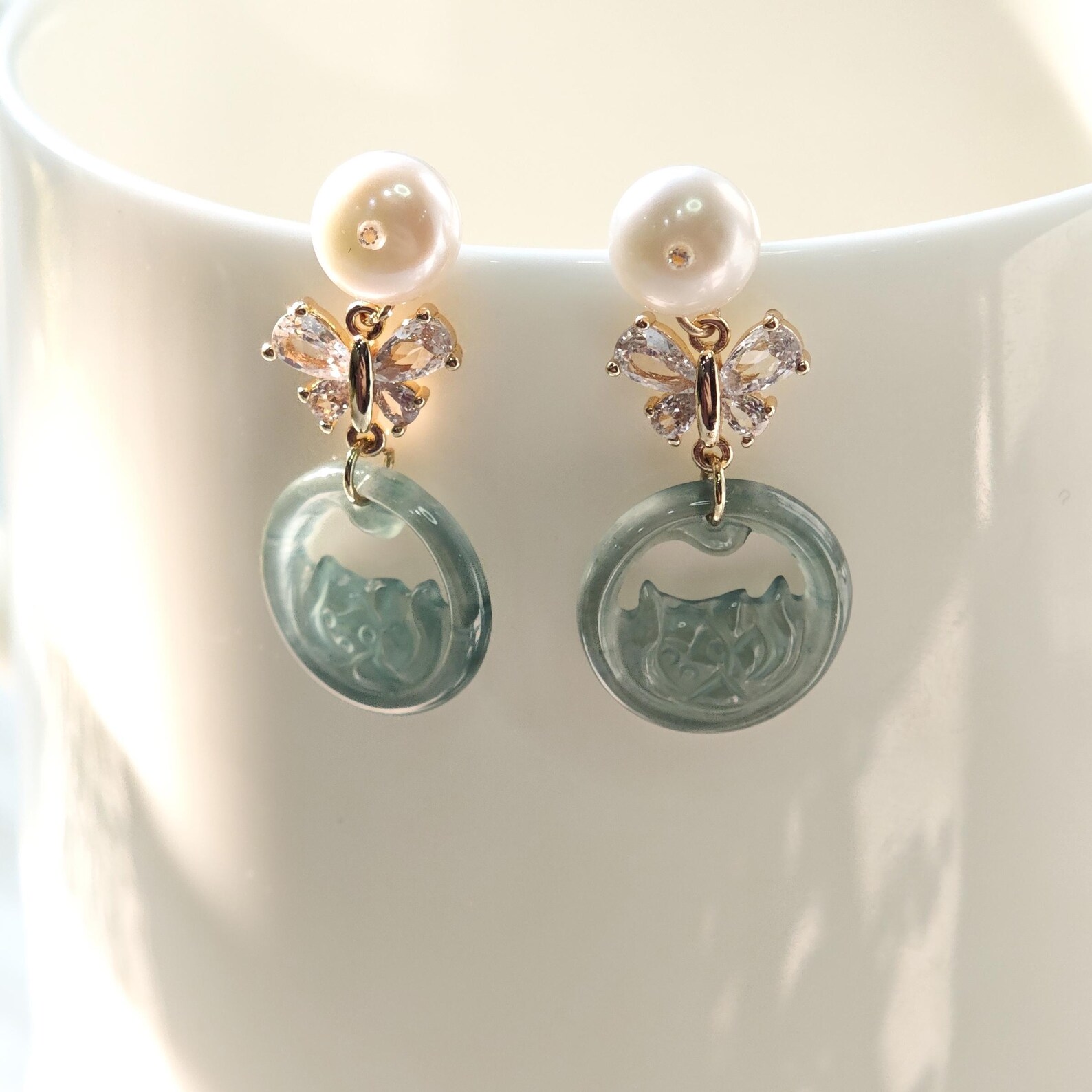 Handcrafted 925 Silver Lotus Flower Earrings: Jade, Pearl & Diamond - Etsy
