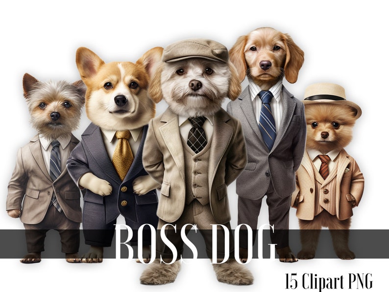 Boss Dog in Suit Clipart Bundle, Full Body Dogs Wearing Suit, Digital ...