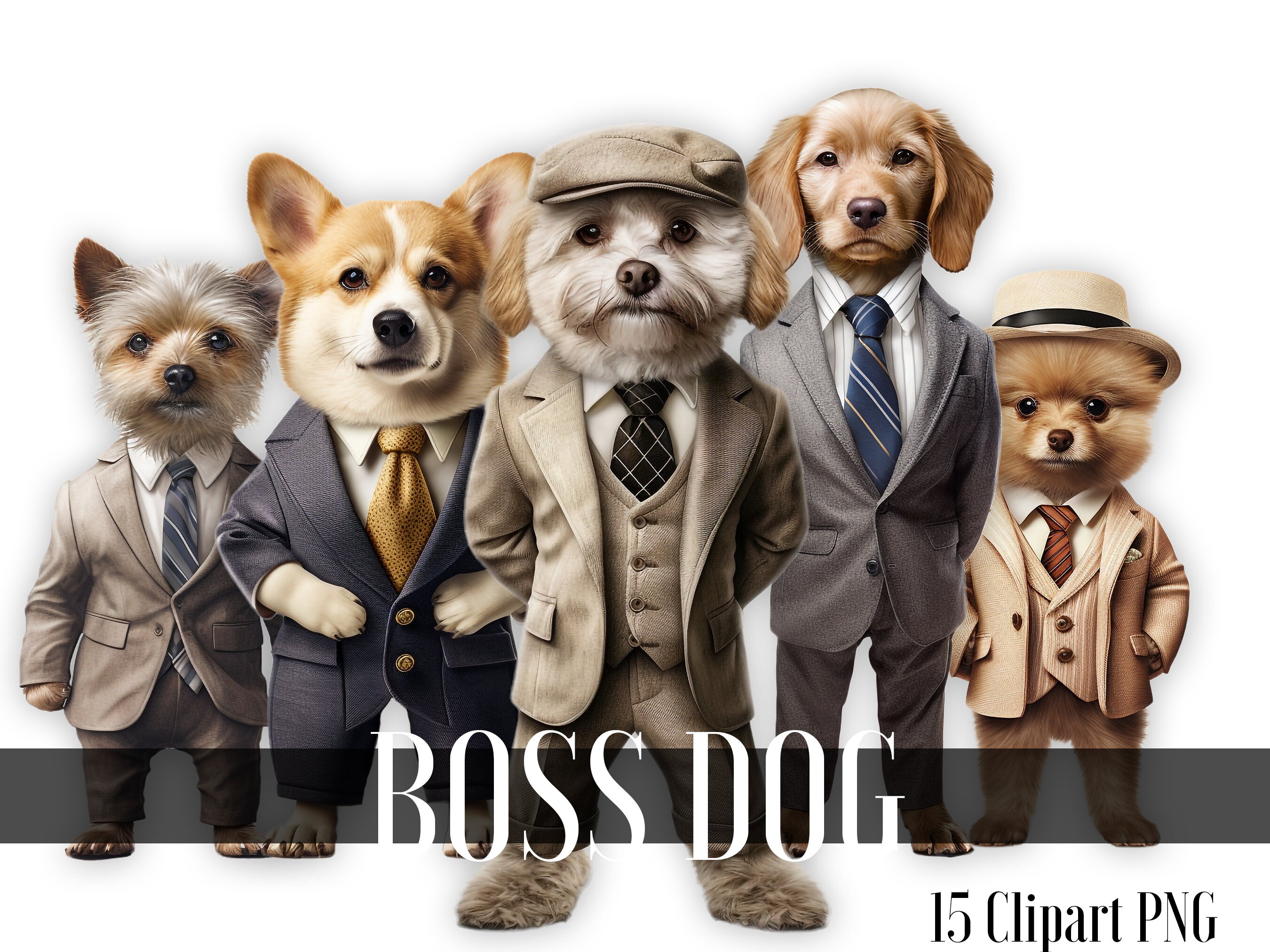 Boss Dog in Suit Clipart Bundle, Full Body Dogs Wearing Suit, Digital ...