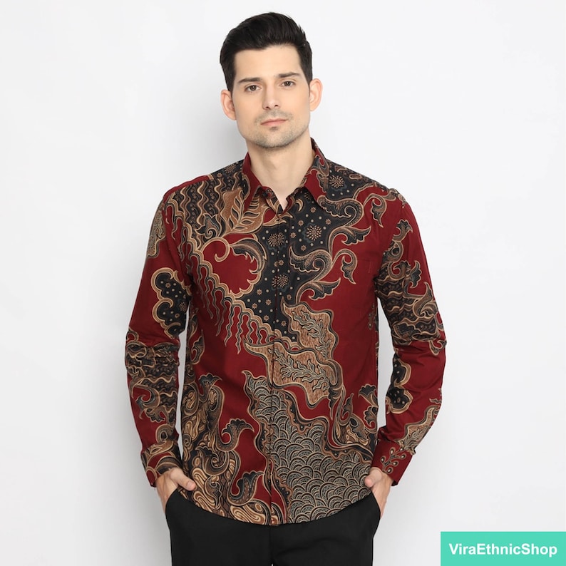 Classic Style: Ganesha Maroon Long Sleeve Men's Batik Shirt, Stylish ...
