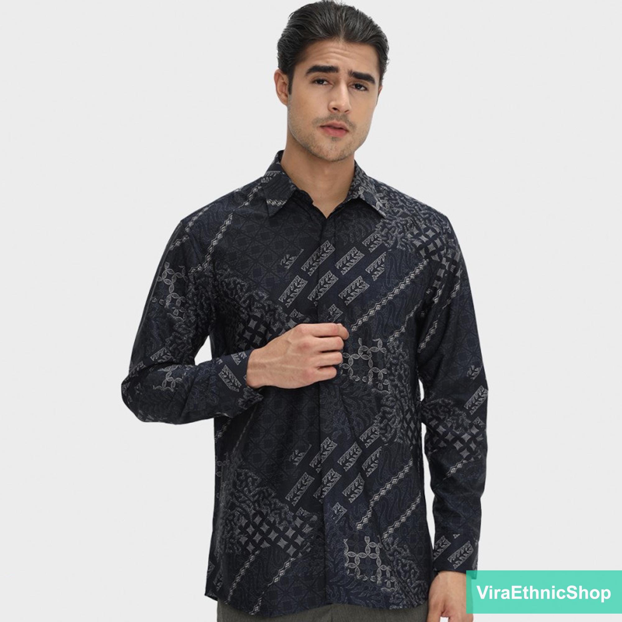 Stylish and Refined: Navya Black Slimfit Long-sleeve Batik Shirt ...