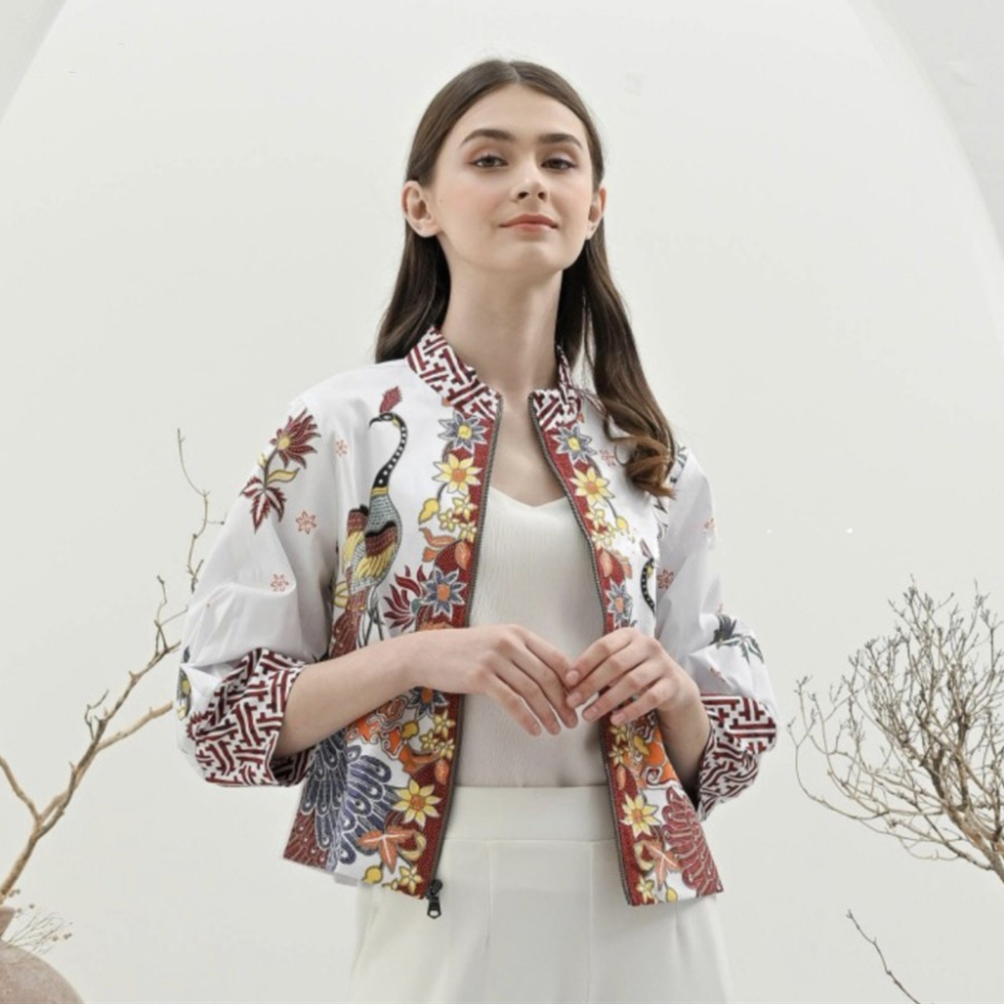 Stylish White List Batik Bolero, Modern Women Bomber Jacket With Long ...