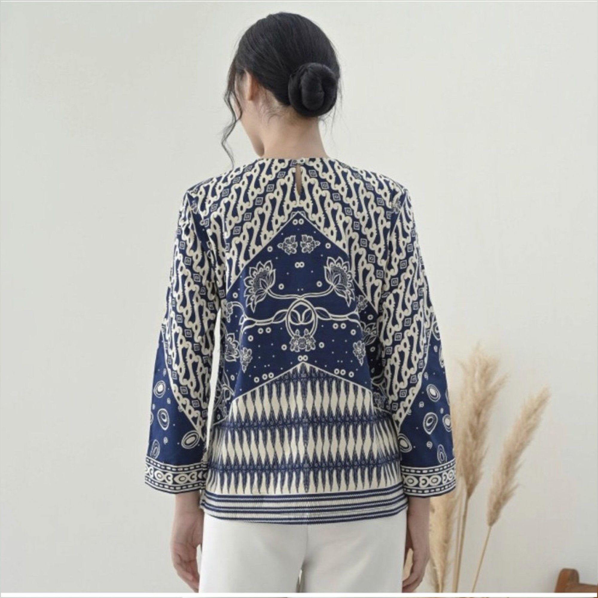 Peplum Batik Blouse Women's Long Sleeve Navy Batik Top, Women Blouse ...