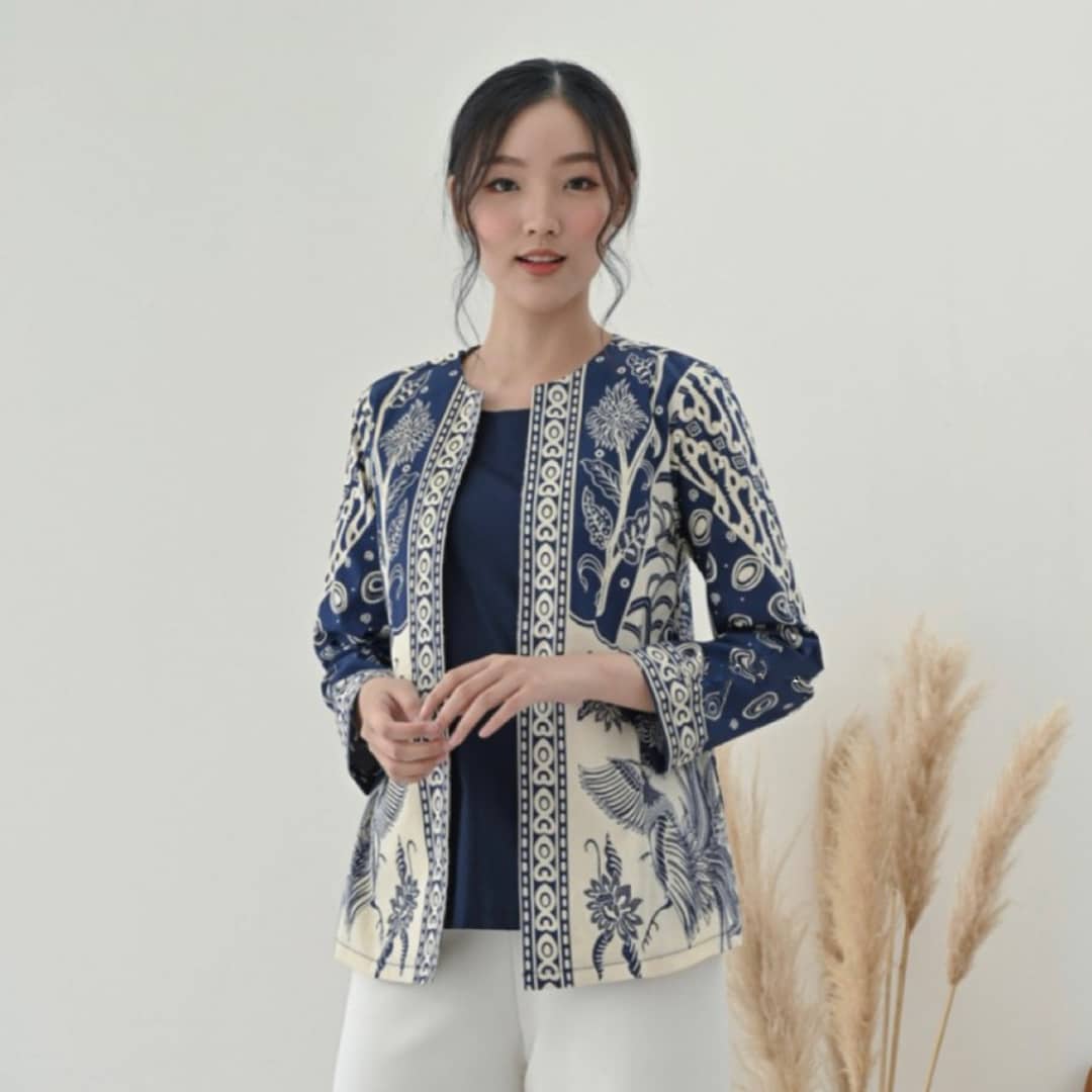 Peplum Batik Blouse - Women's Long Sleeve Navy Batik Top, Women Blouse ...