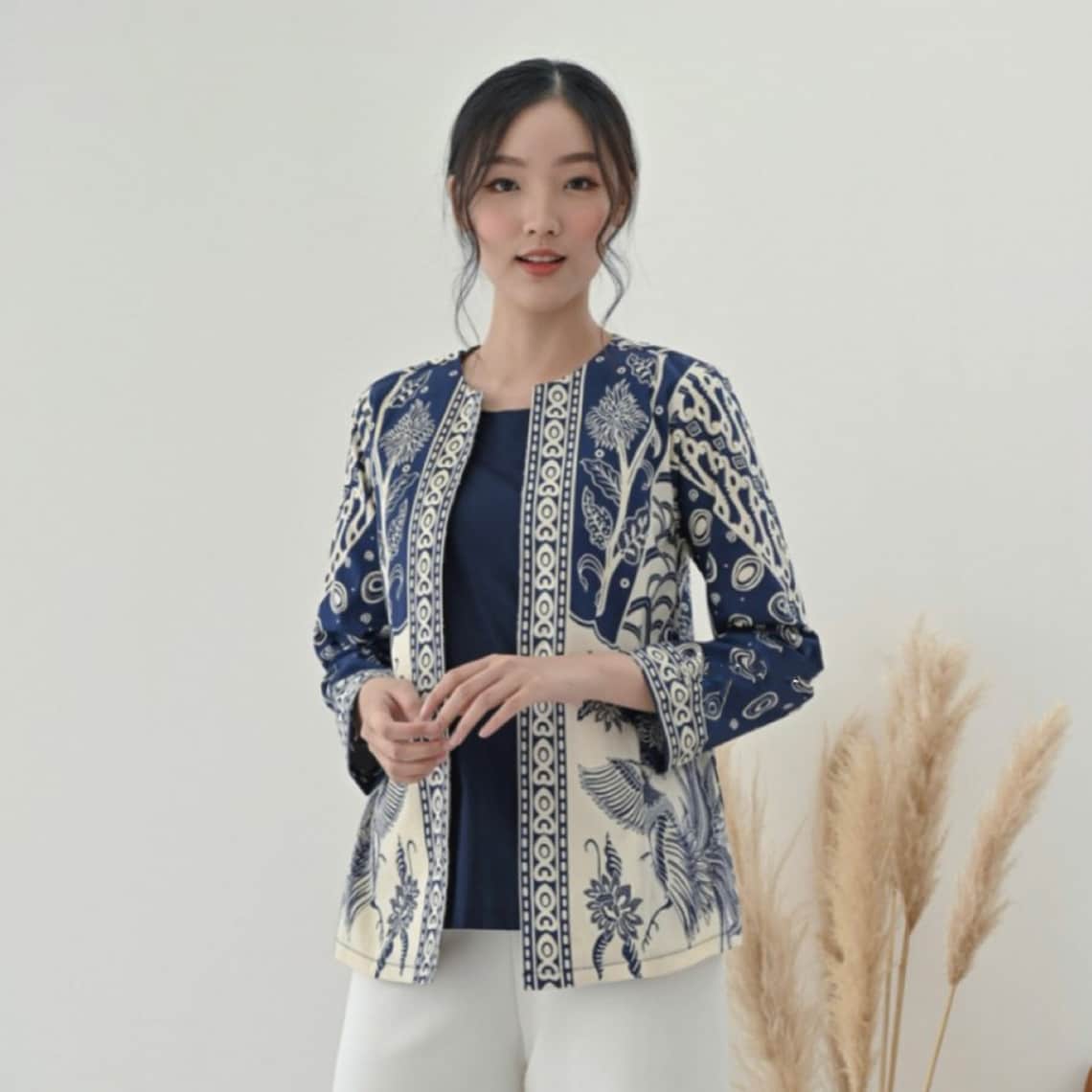 Peplum Batik Blouse - Women's Long Sleeve Navy Batik Top, Women Blouse ...