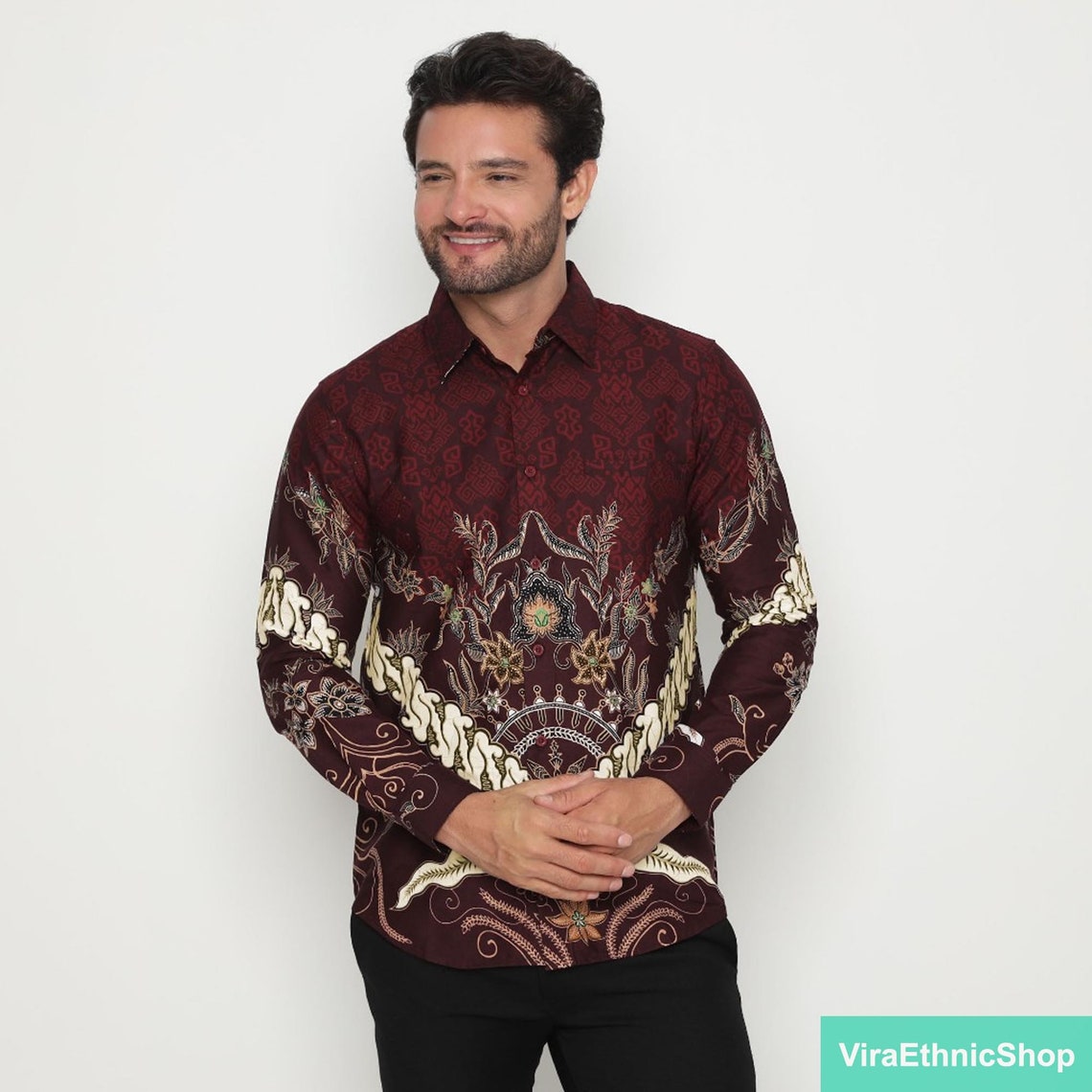 Long Sleeve Batik Shirt: Modern Combination With Maroon Color, Stylish ...